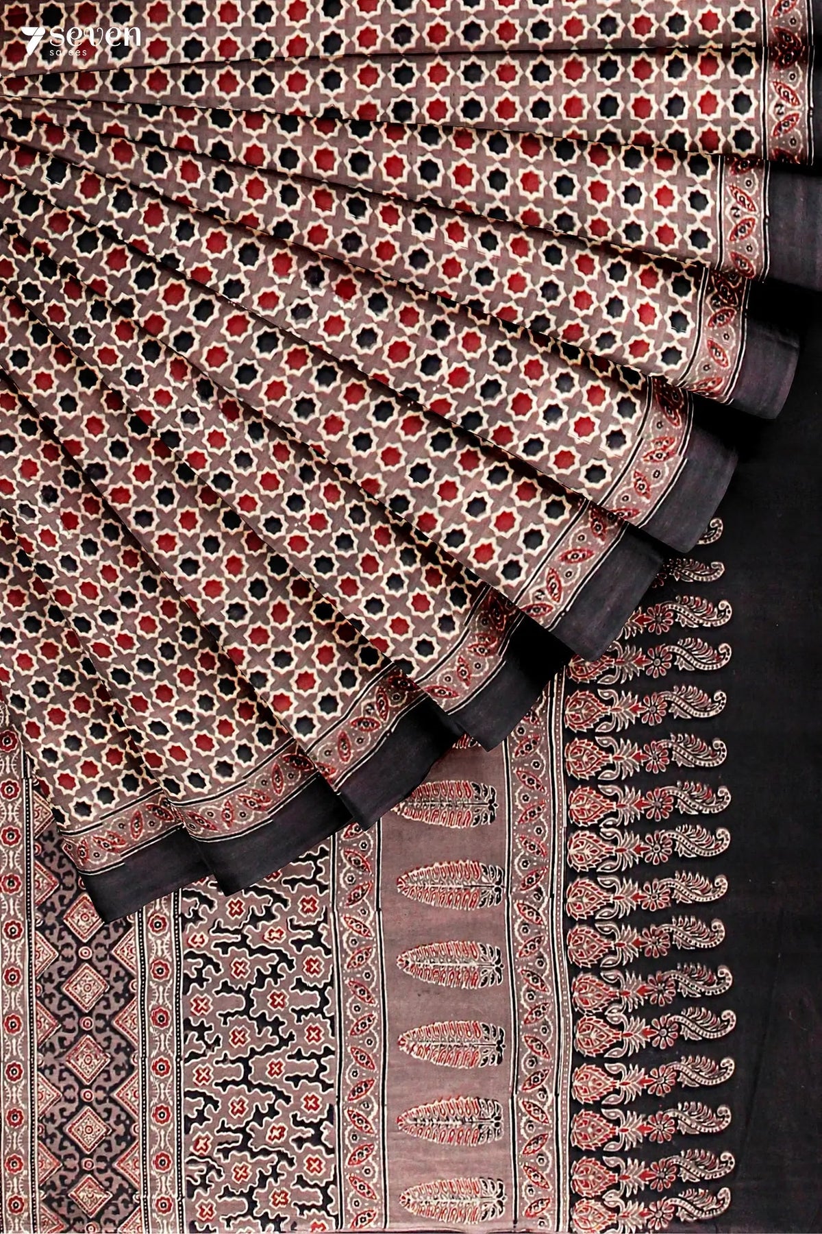 Bareeq Kutch Red Pure Ajrakh Cotton Saree - Seven Sarees